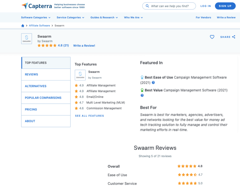 Capterra awards Swaarm with "Best Ease of Use" badge for 2..